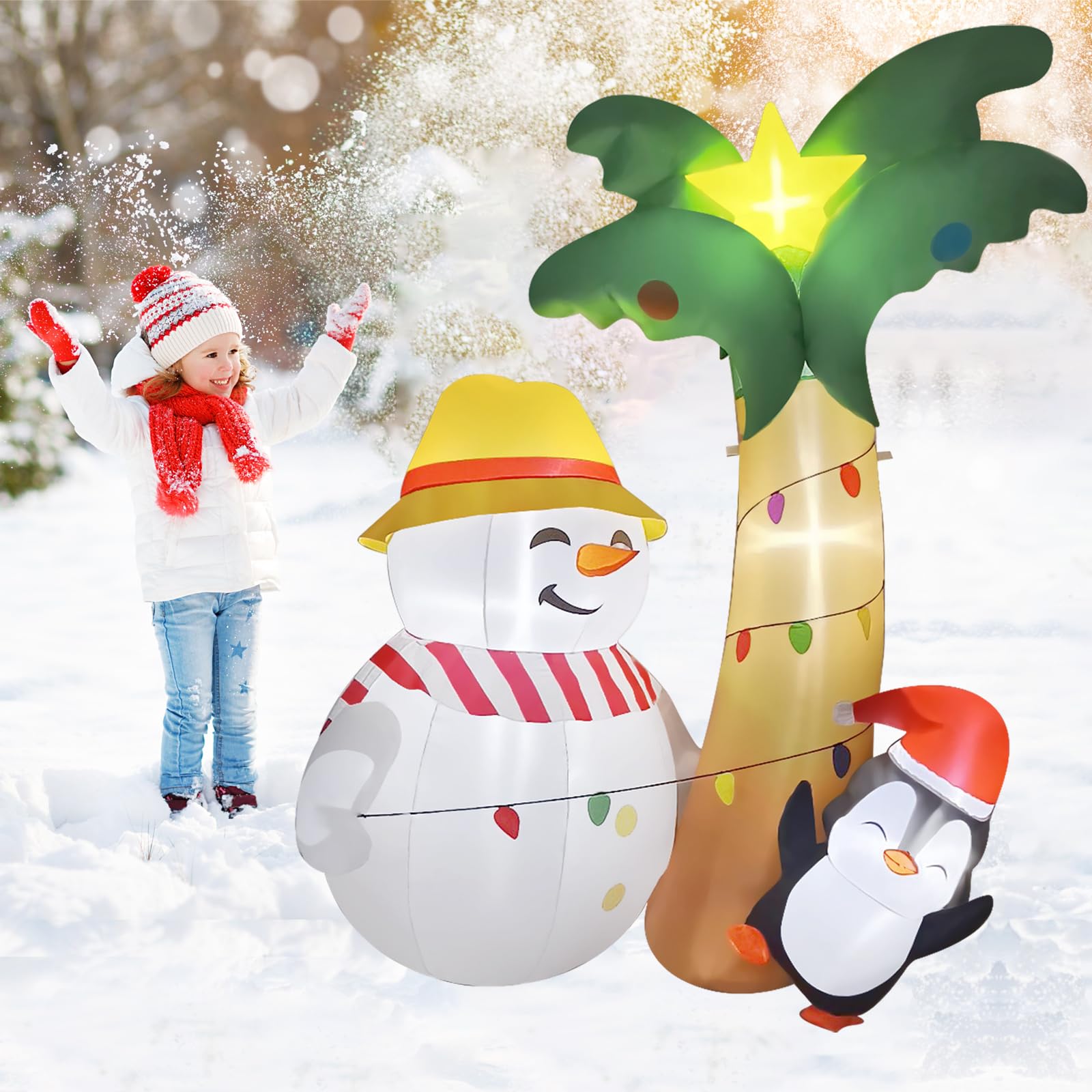 7FT Outdoor Inflatables Palm Tree,Funny Outdoor Inflatable Tree Hawaiian Snowman and Penguin Lighted,Cute Holiday Blow Up Outside Yard Decoration