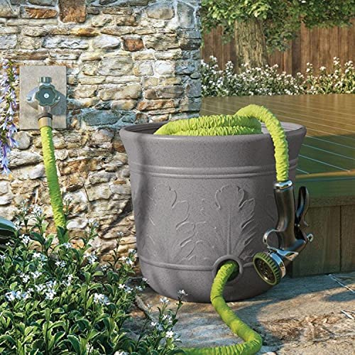 Suncast CPLHPL100 300 Foot Heavy Duty 5 Gallon Decorative Resin Garden Hose Pot for Expandable and Lightweight Hoses, Gray