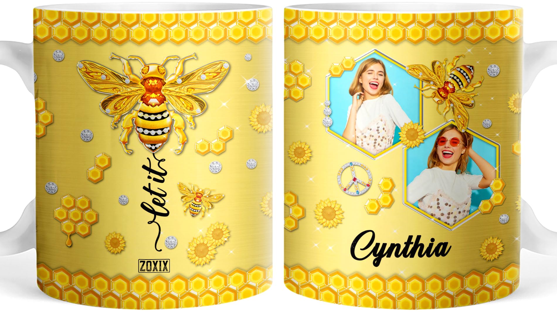 White Ceramic Coffee Mug Photo Mugs Personalized Picture Custom Name Birthday Gifts For Bee Lovers Women Girls Jewelry Style Novelty Tea Cup Table Desk Accessories 11 And 15 Oz