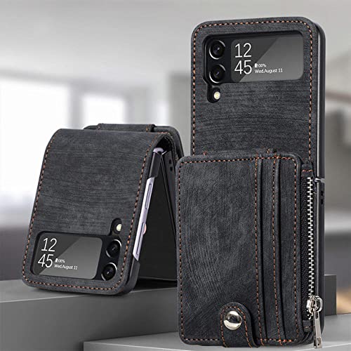 Detachable Retro Leather Zipper Wallet Folding Case for Samsung Galaxy Z Flip 4 5G Flip4 Flip3 2 in1 Cards Holder Phone Cover,Black,for Samsung Z Flip 3