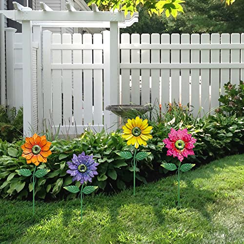 hogardeck Metal Flower Decorative Garden Stakes,4 Pcs 20" Outdoor Garden Decor Shaking Head Sunflowers Daisy Ornament, Yard Art Spring Decorations for Patio Lawn