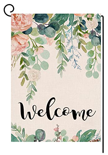 Spring Floral Welcome Garden Flag 12×18 Inch Small Vertical Double Sided Farmhouse Greenery Eucalyptus Leaves Burlap Yard Outdoor Decor