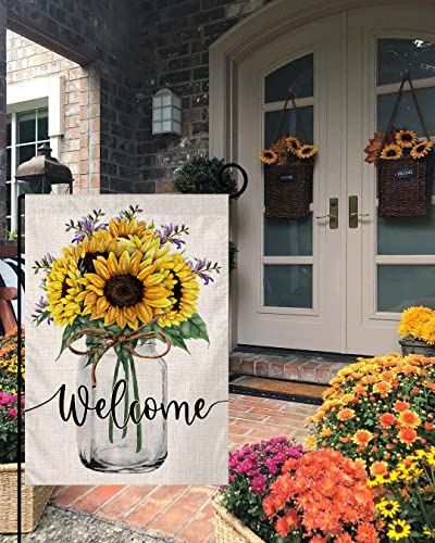 Summer Sunflower Garden Flag 12x18 Vertical Double Sided Welcome Summer Mason Jar Flowers Farmhouse Outside Decorations Burlap Yard Flag BW129