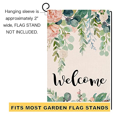 Spring Floral Welcome Garden Flag 12×18 Inch Small Vertical Double Sided Farmhouse Greenery Eucalyptus Leaves Burlap Yard Outdoor Decor