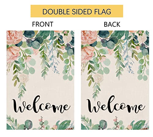 Spring Floral Welcome Garden Flag 12×18 Inch Small Vertical Double Sided Farmhouse Greenery Eucalyptus Leaves Burlap Yard Outdoor Decor