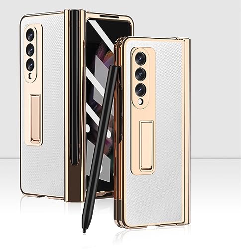 WenKa Plating Leather Case for Samsung Galaxy Z Fold 4 3 2 5 G Magnetic Kickstand Carbon Fibe Screen Protector Phone Cover,Carbon White,for Galaxy Z Fold 5