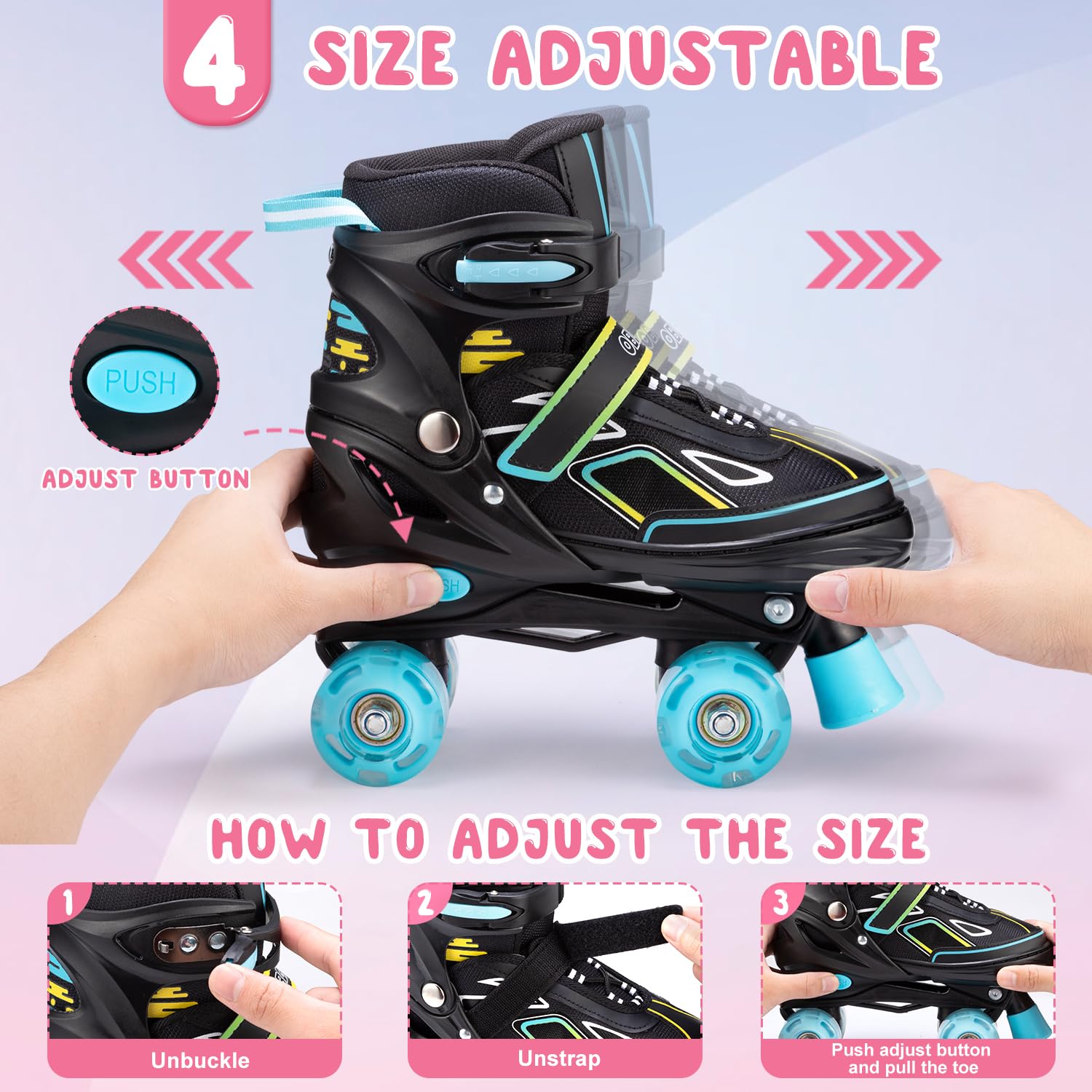 Kids Roller Skates for Girls and Boys, 4 Sizes Adjustable Roller Skates with 8 Light Up Wheels, Fun Illuminating Toddler Rollerskates for Kids Youth Beginner, Patines para Niñas Niños(3-6, Blue)