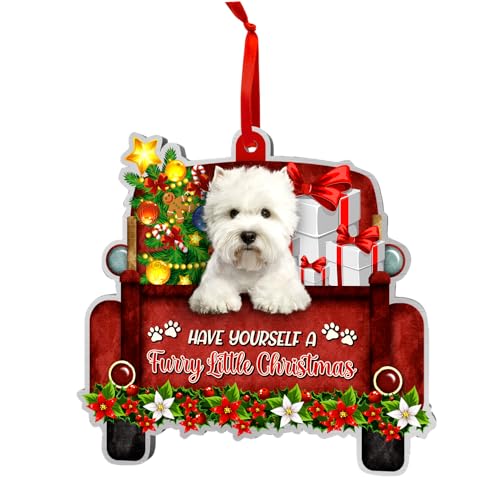 West Highland White Terrier Dog Ornaments Christmas Tree, Westie Dog Red Truck Car Aluminum Ornament (NOT 3D), Christmas Decoration 2023 for Westie Dog Lovers, Dog Mom, Dog Dad, Pet Lovers