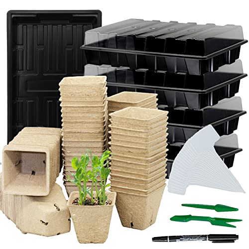 Seed Starter Kit with 100 Peat Pots for Seedlings Seed Starter Tray, Including 100 Square Biodegradable Seed Starter Pods, 5 Plastic Growing Trays & 20 Plant Labels