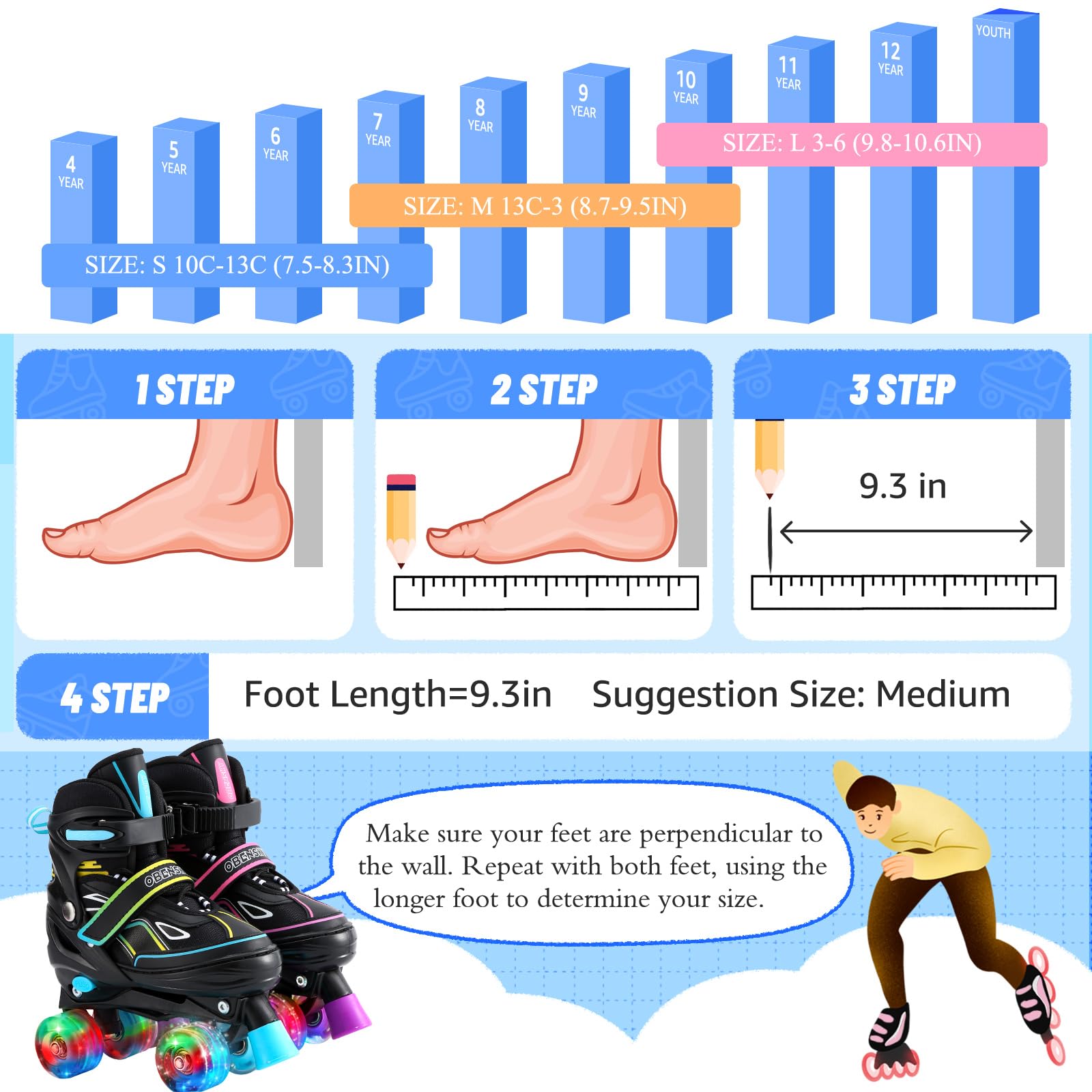 Kids Roller Skates for Girls and Boys, 4 Sizes Adjustable Roller Skates with 8 Light Up Wheels, Fun Illuminating Toddler Rollerskates for Kids Youth Beginner, Patines para Niñas Niños(3-6, Blue)