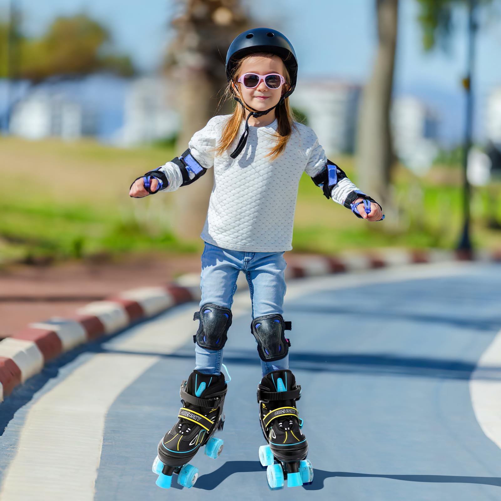 Kids Roller Skates for Girls and Boys, 4 Sizes Adjustable Roller Skates with 8 Light Up Wheels, Fun Illuminating Toddler Rollerskates for Kids Youth Beginner, Patines para Niñas Niños(3-6, Blue)