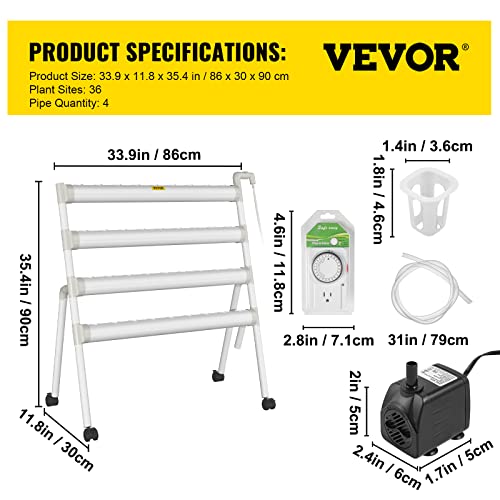 VEVOR Hydroponics Growing System, 36 Sites 4 Food-Grade PVC-U Pipes, 4 Layers Indoor Planting Kit with Water Pump, Timer, Nest Basket, Sponge for Fruits, Vegetables, Herb, White