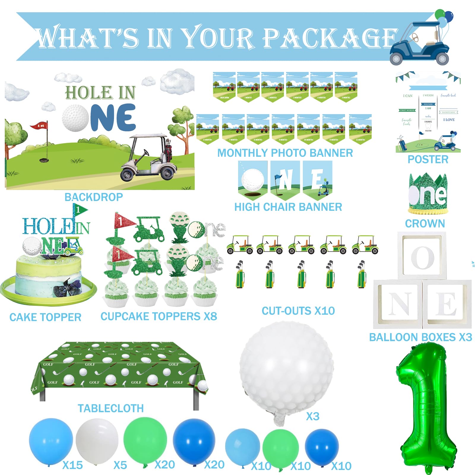 129 PCs Hole In One First Birthday Decorations, Fiesec Golf 1st Party Decorations Backdrop Balloon Garland Banner Tablecloth Cake Cupcake Topper Box Cutout Crown Poster Golf Club Ball Green Blue