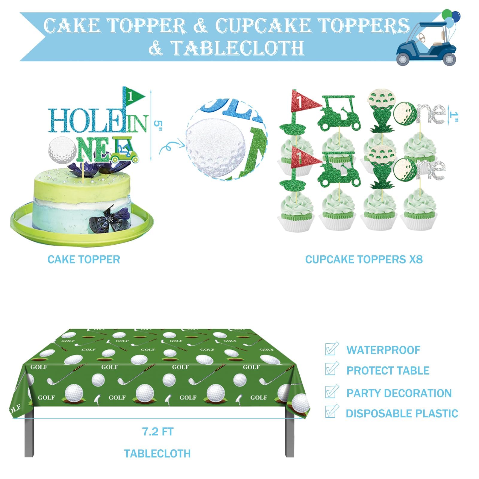 129 PCs Hole In One First Birthday Decorations, Fiesec Golf 1st Party Decorations Backdrop Balloon Garland Banner Tablecloth Cake Cupcake Topper Box Cutout Crown Poster Golf Club Ball Green Blue