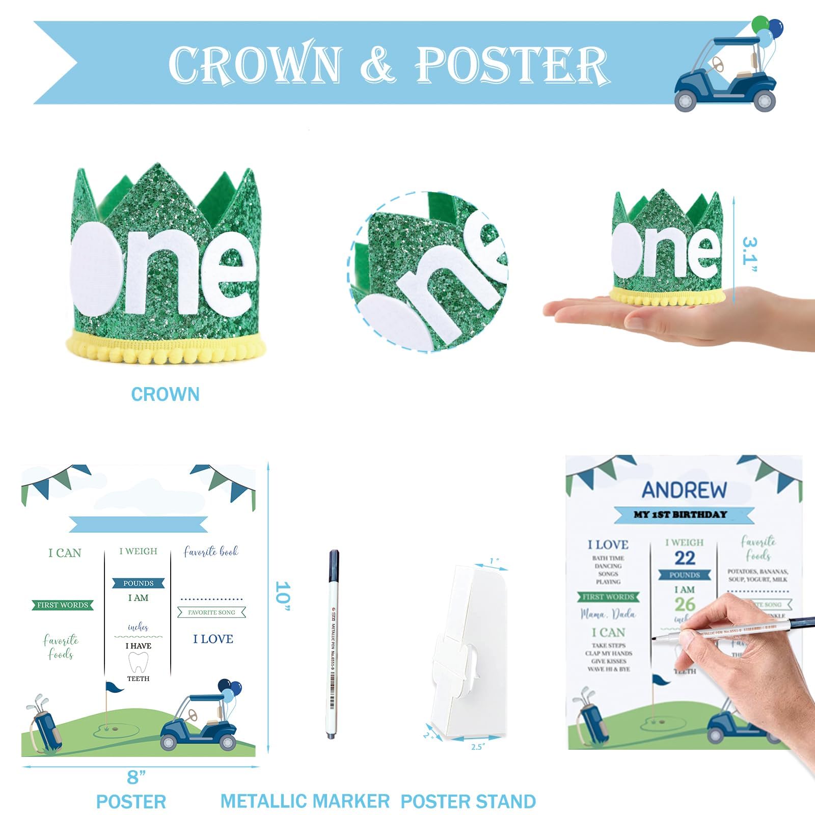 129 PCs Hole In One First Birthday Decorations, Fiesec Golf 1st Party Decorations Backdrop Balloon Garland Banner Tablecloth Cake Cupcake Topper Box Cutout Crown Poster Golf Club Ball Green Blue