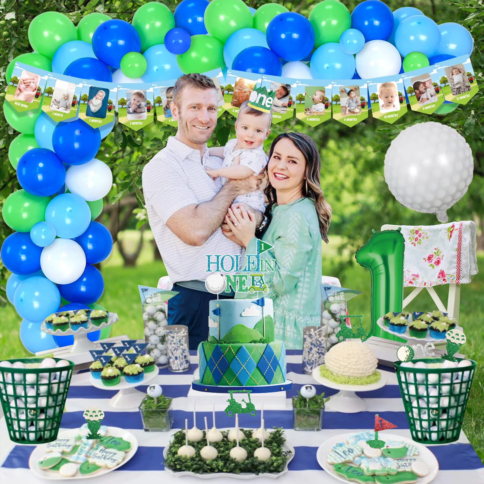 129 PCs Hole In One First Birthday Decorations, Fiesec Golf 1st Party Decorations Backdrop Balloon Garland Banner Tablecloth Cake Cupcake Topper Box Cutout Crown Poster Golf Club Ball Green Blue