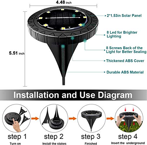 Solar Powered Ground Lights 8 Pack,IP68 Waterproof Outdoor LED Disk Lights for Garden,Non-Slip Landscape Path Lighting for Patio Lawn Yard,Pathway Wear-Resistant Deck Lights Walkway Decor(Warm White)