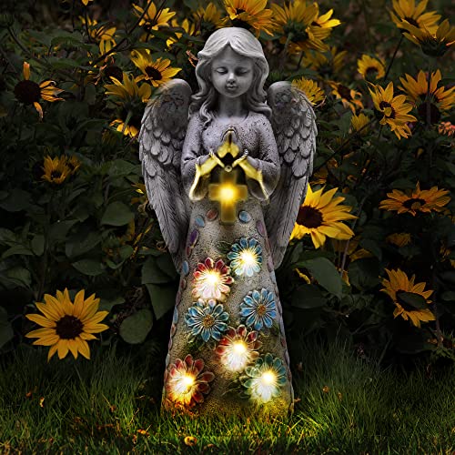 Voveexy Angel Garden Figurine Outdoor Garden Statue, Solar Garden Sculpture with 7 LEDs Welcome Sign Resin Praying Angel Art Garden Decor for Patio Lawn Yard Porch Decoration, Housewarming Garden Gift