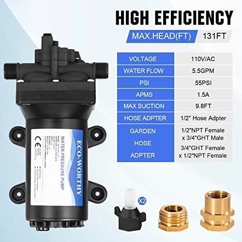 ECO-WORTHY Industrial Water Pressure Diaphragm Pump 110V 5.5GPM 55PSI On Demand RV Fresh Water Pump 110Volt include Garden Hose Adapters for Transfer Booster Water Heater Barrel Sprinkle Irrigation