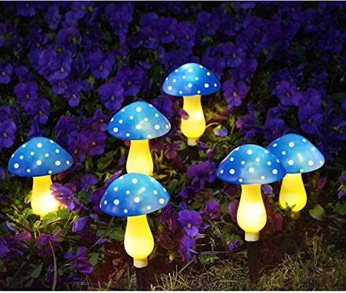 Abkshine 6-Pack Blue Solar Garden Lights, Solar Powered Mushroom Stake Lights for Outdoor Yard Decor, Waterproof Garden Ornaments for Backyard Lawn Deck Landscape Fence Christmas Halloween Decorations