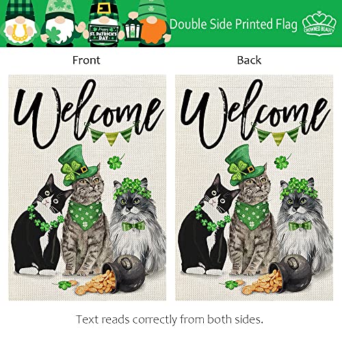 CROWNED BEAUTY St Patricks Day Cats Garden Flag 12x18 Inch Double Sided for Outside Small Burlap Green Shamrocks Clovers Welcome Yard Holiday Flag CF723-12