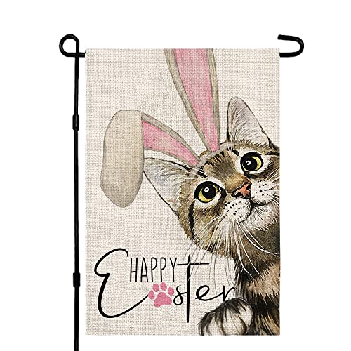 CROWNED BEAUTY Happy Easter Garden Flag 12Γ18 Inch Double Sided Cat with Rabbit Ear Outside Vertical Holiday Yard Flag