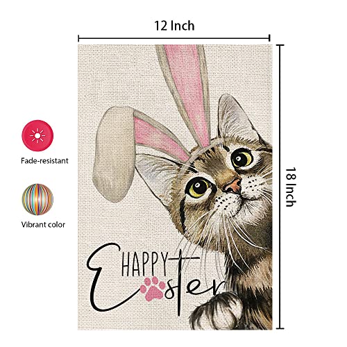 CROWNED BEAUTY Happy Easter Garden Flag 12×18 Inch Double Sided Cat with Rabbit Ear Outside Vertical Holiday Yard Flag