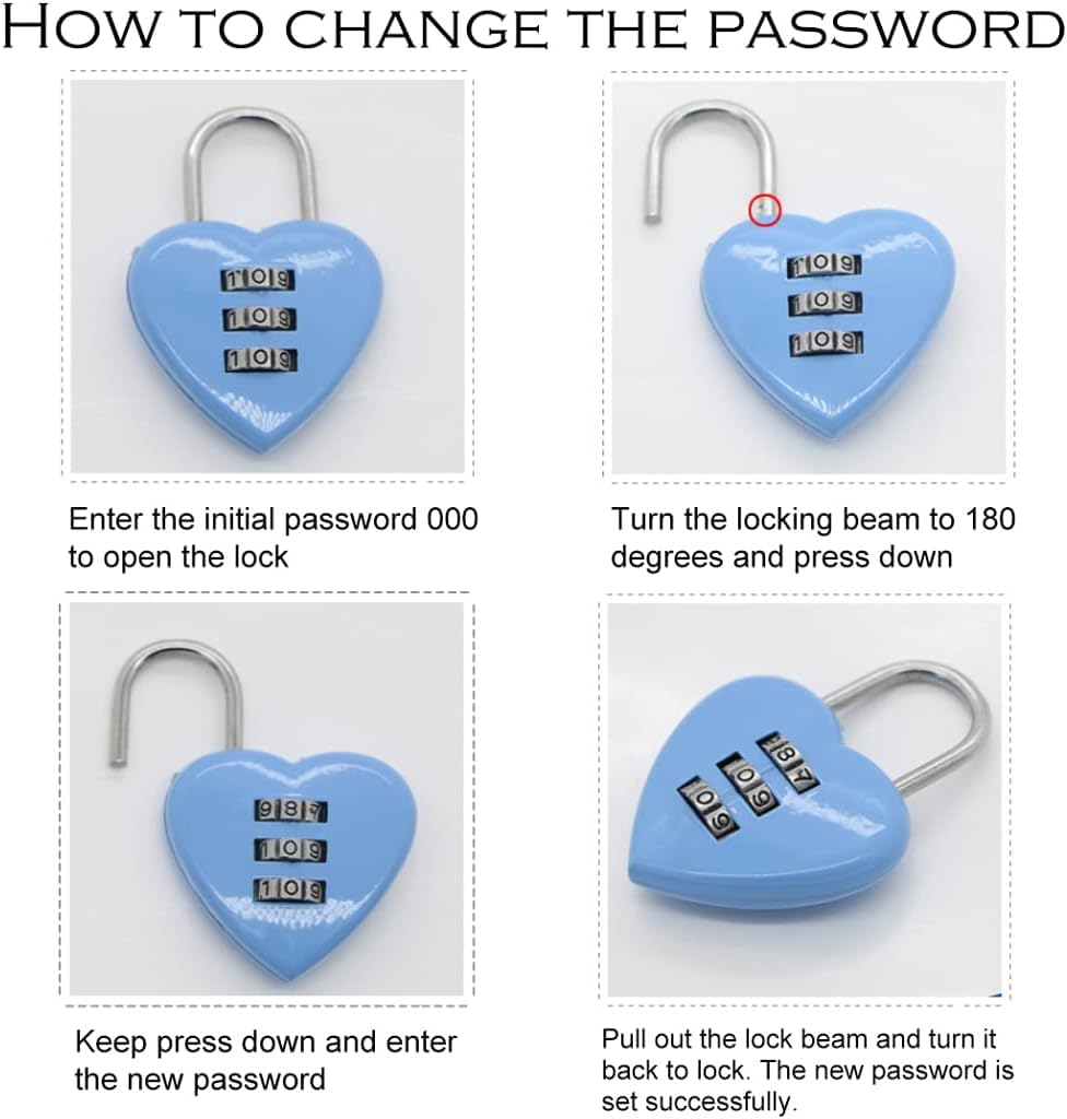1Pc Blue Cute Mini Combination Lock 3 Digit, Love Heart Shape Password Code Locker Padlock for Indoor,Outdoor Combination Padlocks