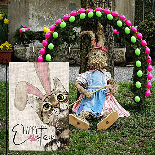 CROWNED BEAUTY Happy Easter Garden Flag 12×18 Inch Double Sided Cat with Rabbit Ear Outside Vertical Holiday Yard Flag