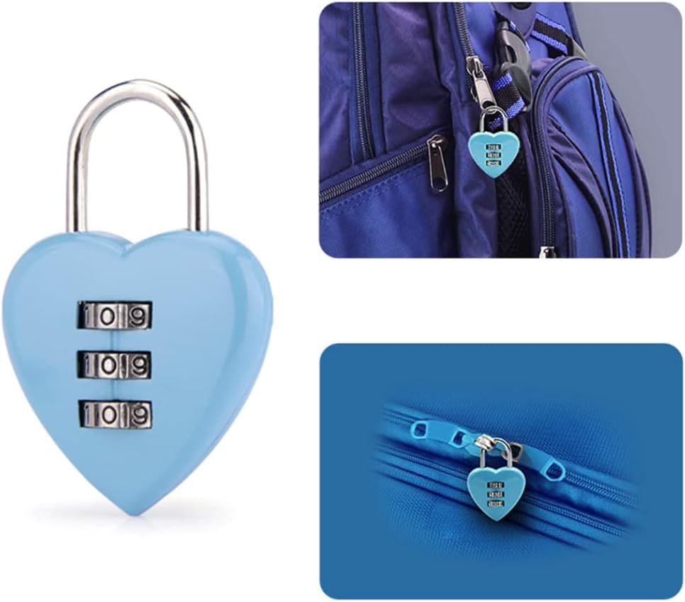 1Pc Blue Cute Mini Combination Lock 3 Digit, Love Heart Shape Password Code Locker Padlock for Indoor,Outdoor Combination Padlocks