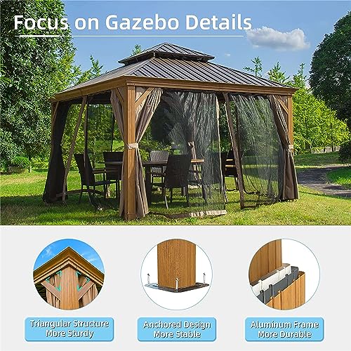 12'x12' Hardtop Gazebo, Outdoor Canopies and Gazebos, Outdoor Permanent Metal Pavilion with Curtains and Netting for Patio, Deck and Lawn