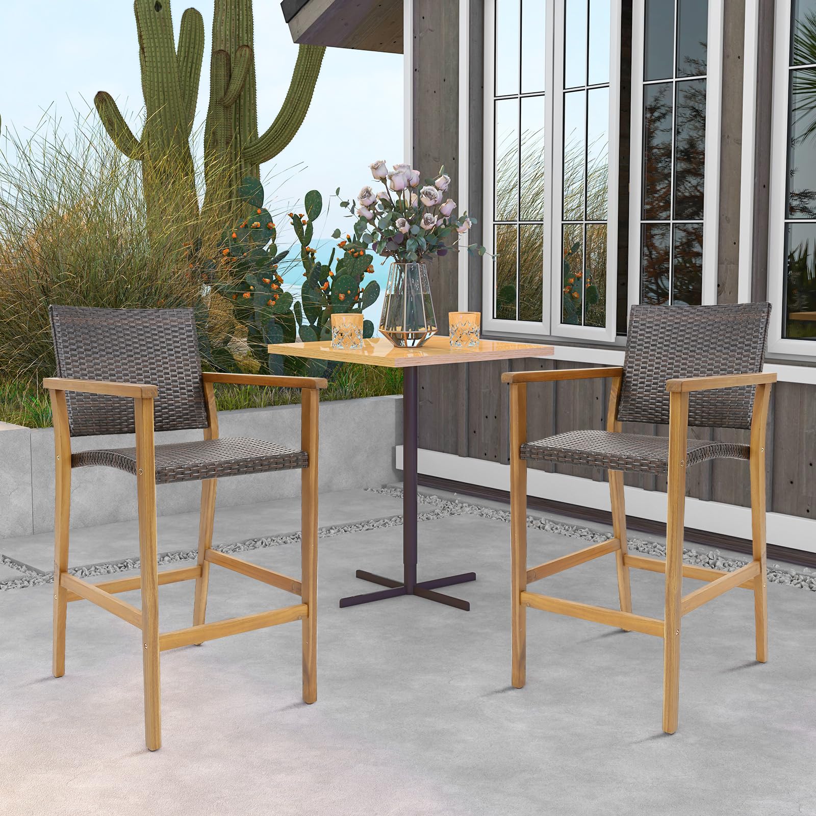 Tangkula Patio Rattan Bar Stool Set of 2, Outdoor PE Wicker Bar Chairs with Armrests, Counter Height Acacia Wood Barstools with Sturdy Footrests, for Balcony, Backyard, Poolside (2, Mix Brown)