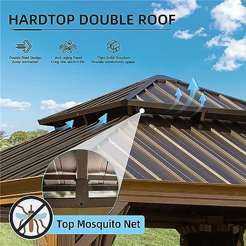 12'x12' Hardtop Gazebo, Outdoor Canopies and Gazebos, Outdoor Permanent Metal Pavilion with Curtains and Netting for Patio, Deck and Lawn