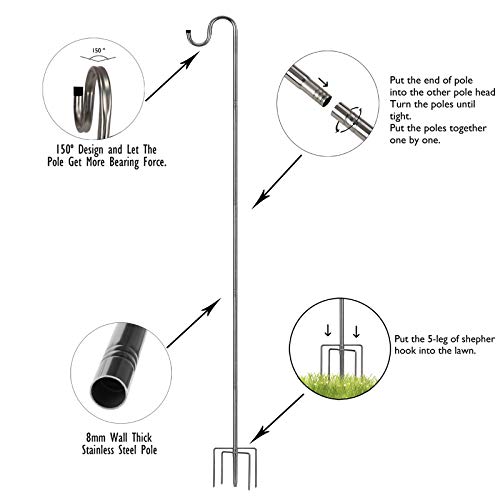 HOME RIGHT Bird Feeder Pole,30 to 62 inch Adjustable Shepherds Hook Heavy Duty 5 Prong Metal Hanger Hook Garden Plant Hooks for Wedding Decoration(1 Pack)
