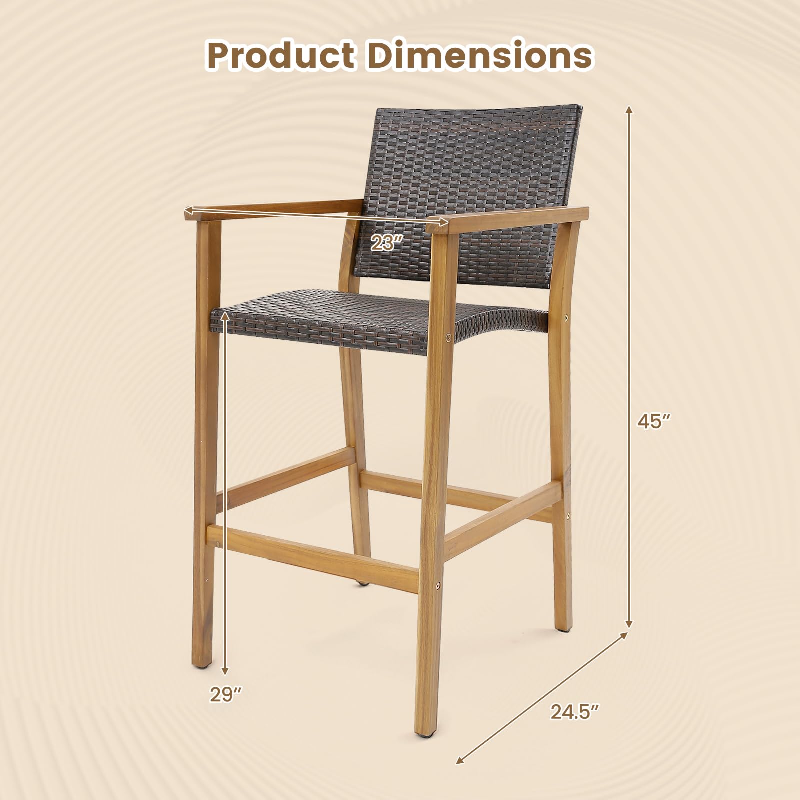 Tangkula Patio Rattan Bar Stool Set of 2, Outdoor PE Wicker Bar Chairs with Armrests, Counter Height Acacia Wood Barstools with Sturdy Footrests, for Balcony, Backyard, Poolside (2, Mix Brown)