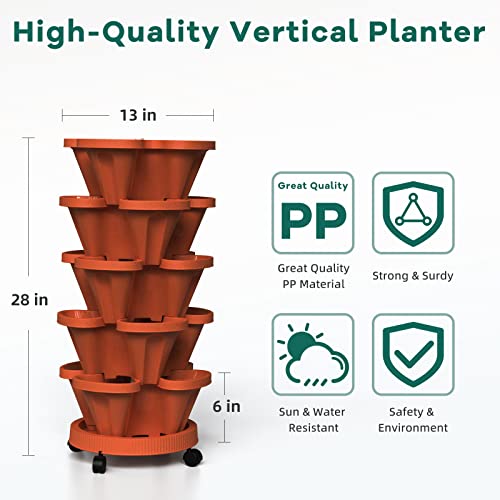 Tectsia Strawberry Vertical Planter Tower Garden, 5 Tiered Planter Stackable Herb Garden Planter with Movable Casters and Bottom Saucer Indoor and Outdoor - Terra Cotta