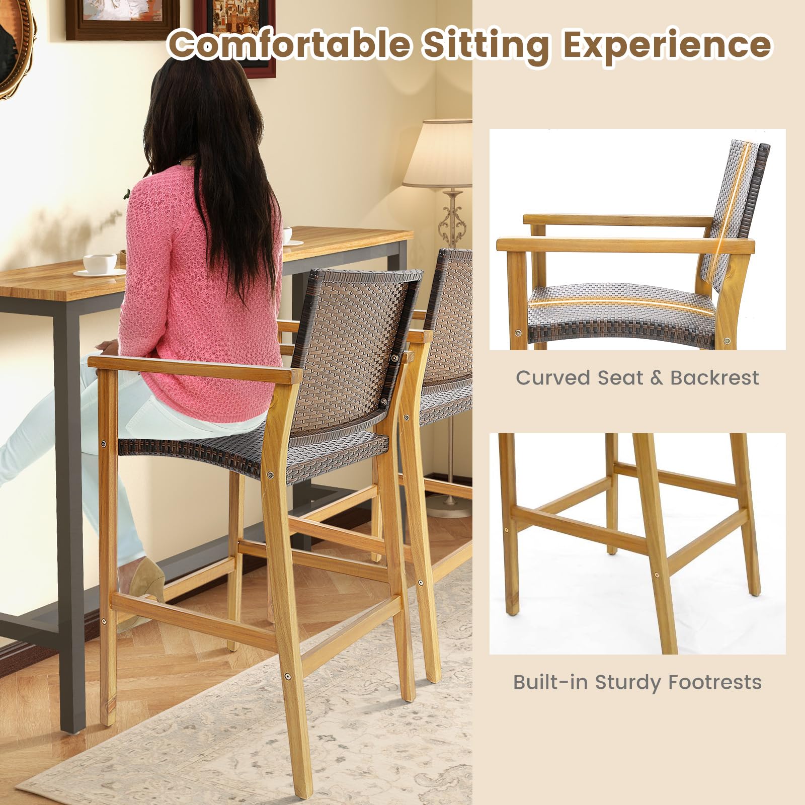 Tangkula Patio Rattan Bar Stool Set of 2, Outdoor PE Wicker Bar Chairs with Armrests, Counter Height Acacia Wood Barstools with Sturdy Footrests, for Balcony, Backyard, Poolside (2, Mix Brown)