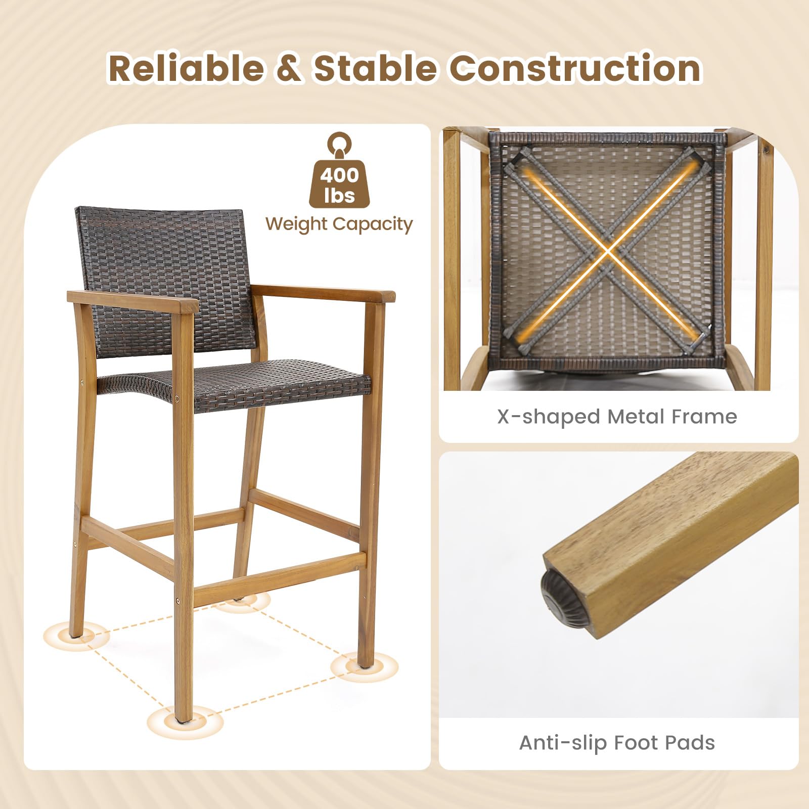 Tangkula Patio Rattan Bar Stool Set of 2, Outdoor PE Wicker Bar Chairs with Armrests, Counter Height Acacia Wood Barstools with Sturdy Footrests, for Balcony, Backyard, Poolside (2, Mix Brown)