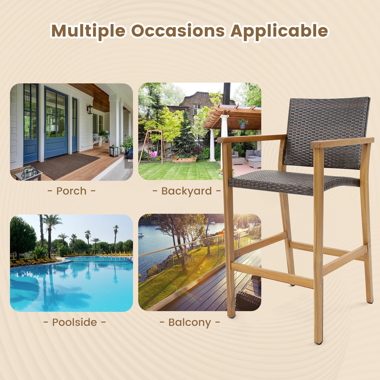 Tangkula Patio Rattan Bar Stool Set of 2, Outdoor PE Wicker Bar Chairs with Armrests, Counter Height Acacia Wood Barstools with Sturdy Footrests, for Balcony, Backyard, Poolside (2, Mix Brown)
