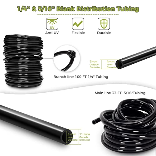JAYEE 130FT Drip Irrigation Kit, Garden Irrigation System with Drip Nozzle Emitters,Drip Irrigation Tubing and Drip Irrigation Parts, Automatic Watering System for Potted Plants,Greenhouse,Lawn