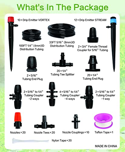 JAYEE 130FT Drip Irrigation Kit, Garden Irrigation System with Drip Nozzle Emitters,Drip Irrigation Tubing and Drip Irrigation Parts, Automatic Watering System for Potted Plants,Greenhouse,Lawn