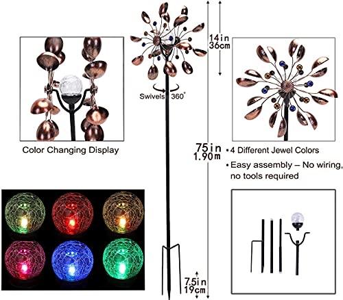 NUENUN Wind Spinner Outdoor Metal - Multi-Color Seasonal LED Lighting Solar Powered Glass Ball with Kinetic Wind Spinner Dual Direction for Patio Lawn & Garden