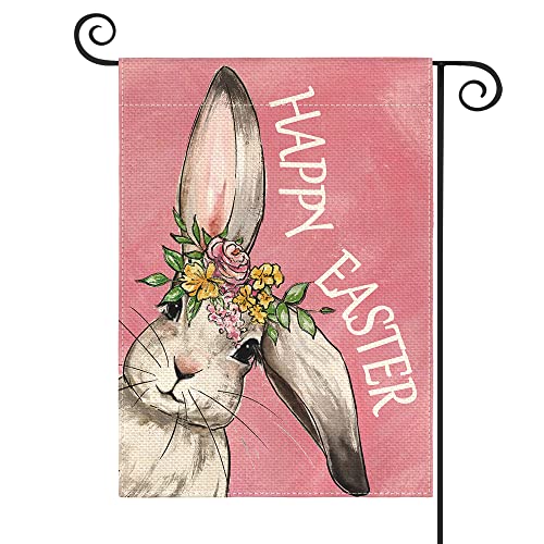AVOIN colorlife Happy Easter Bunny Garden Flag 12x18 Inch Double Sided Outside, Rabbit Flower Yard Outdoor Decoration Pink