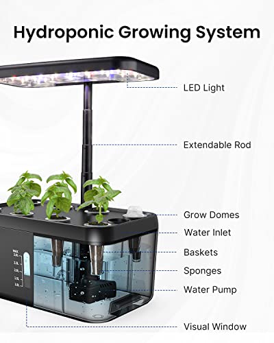 iDOO Hydroponics Growing System Indoor Garden, Plants Germination Kit with Pump, Automatic Timer LED Grow Light for Home Kitchen Gardening,8 Pods Herb Garden Kit Indoor Up to 15",Black