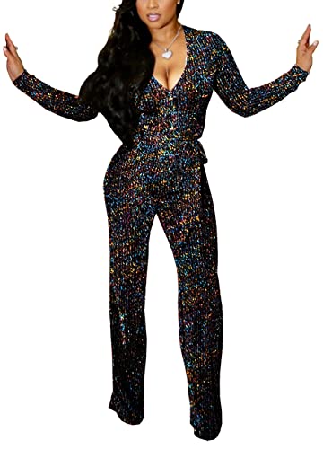 BessCops Sexy Sequin Jumpsuits for Women Plus Size Elegant Clubwear Sparkly High Waisted Wide Leg Pant Disco Outfits