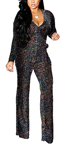 BessCops Sexy Sequin Jumpsuits for Women Plus Size Elegant Clubwear Sparkly High Waisted Wide Leg Pant Disco Outfits