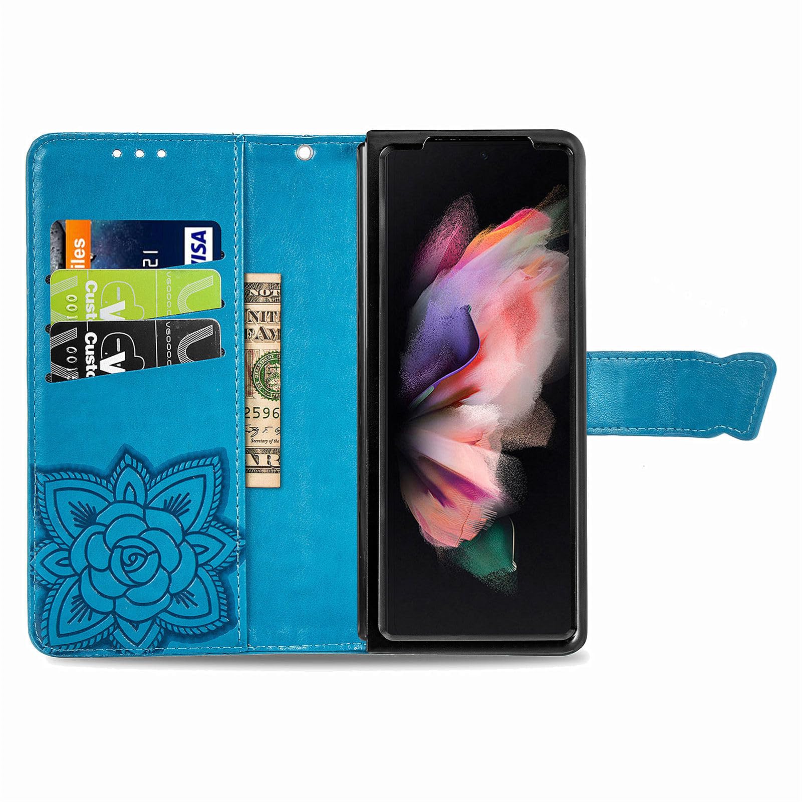 COTDINFOR Case for Samsung Galaxy Z Fold 5 Case Glitter Bling with Card Holder and Stand Leather Flip Wallet Diamond Butterfly Protective Case for Samsung Galaxy Z Fold 5 Crystal Blue