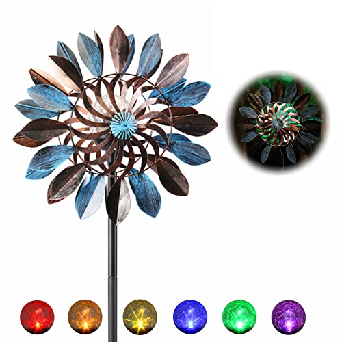 YUNJACKEYDZ 75in Solar Wind Spinners for Yard and Garden 360 Degrees Swivel Multi-Color LED Lighting Solar Powered Glass Ball with Kinetic Windmills - Metal Sculpture - Yard Decorations Outdoor
