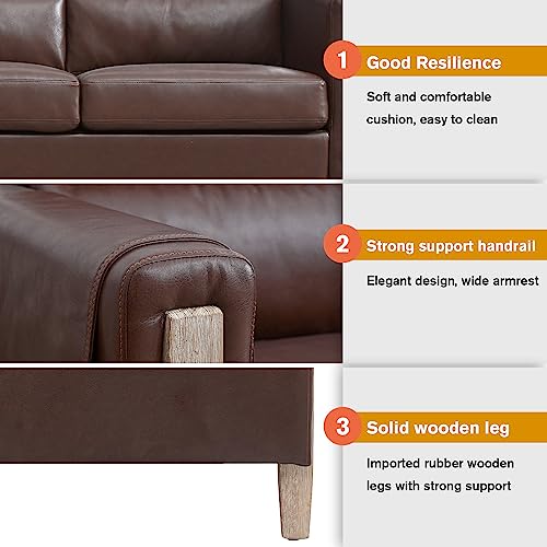 Nicemoods 79.5" PU Leather Sofa Couch with 2 Side Storage Pockets,3 Seater Sofa with Rubber Solid Wood Base&Legs,Soft Cushions,Thick Backrest,Couches for Living Room/Office/Apartment (Brown)