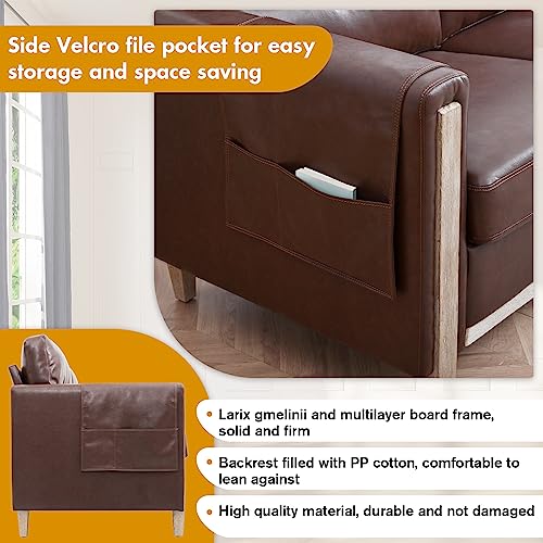 Nicemoods 79.5" PU Leather Sofa Couch with 2 Side Storage Pockets,3 Seater Sofa with Rubber Solid Wood Base&Legs,Soft Cushions,Thick Backrest,Couches for Living Room/Office/Apartment (Brown)